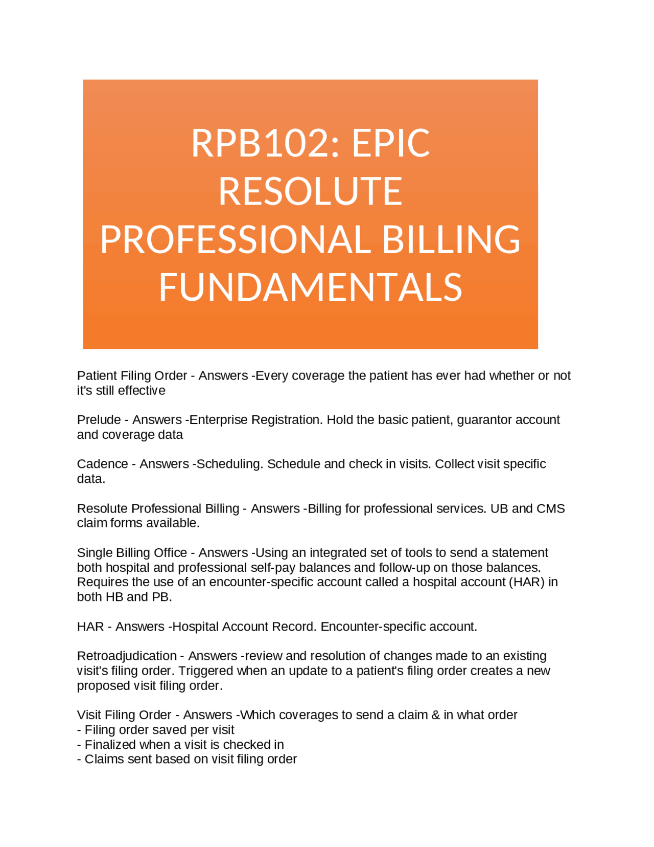 RPB102: EPIC RESOLUTE PROFESSIONAL BILLING FUNDAMENTALS | Exams Nursing ...