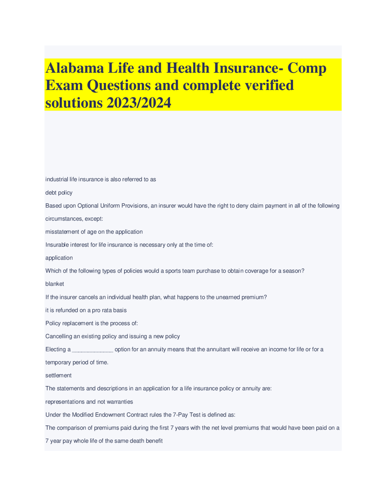 Alabama Life and Health Insurance- Comp Exam Questions and complete ...