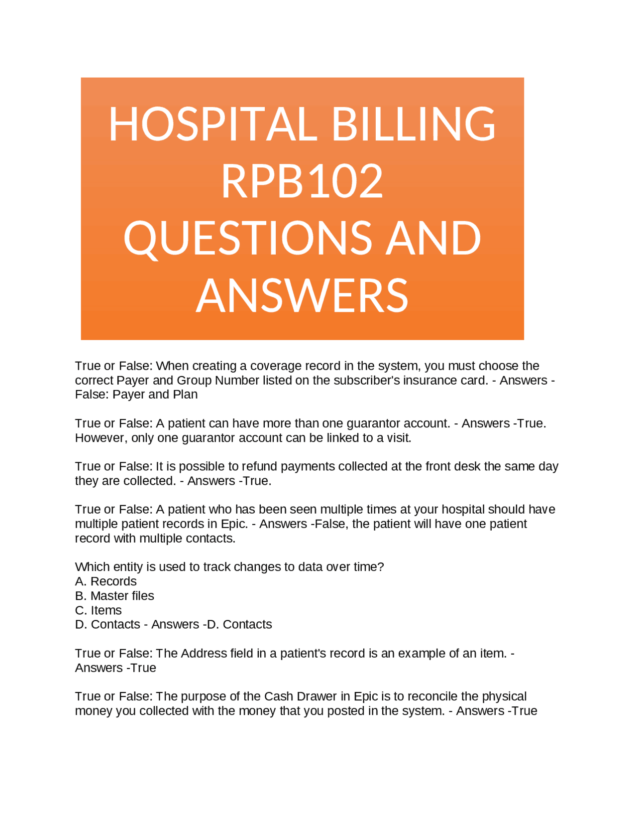 HOSPITAL BILLING RPB102 QUESTIONS AND ANSWERS | Exams Nursing | Docsity