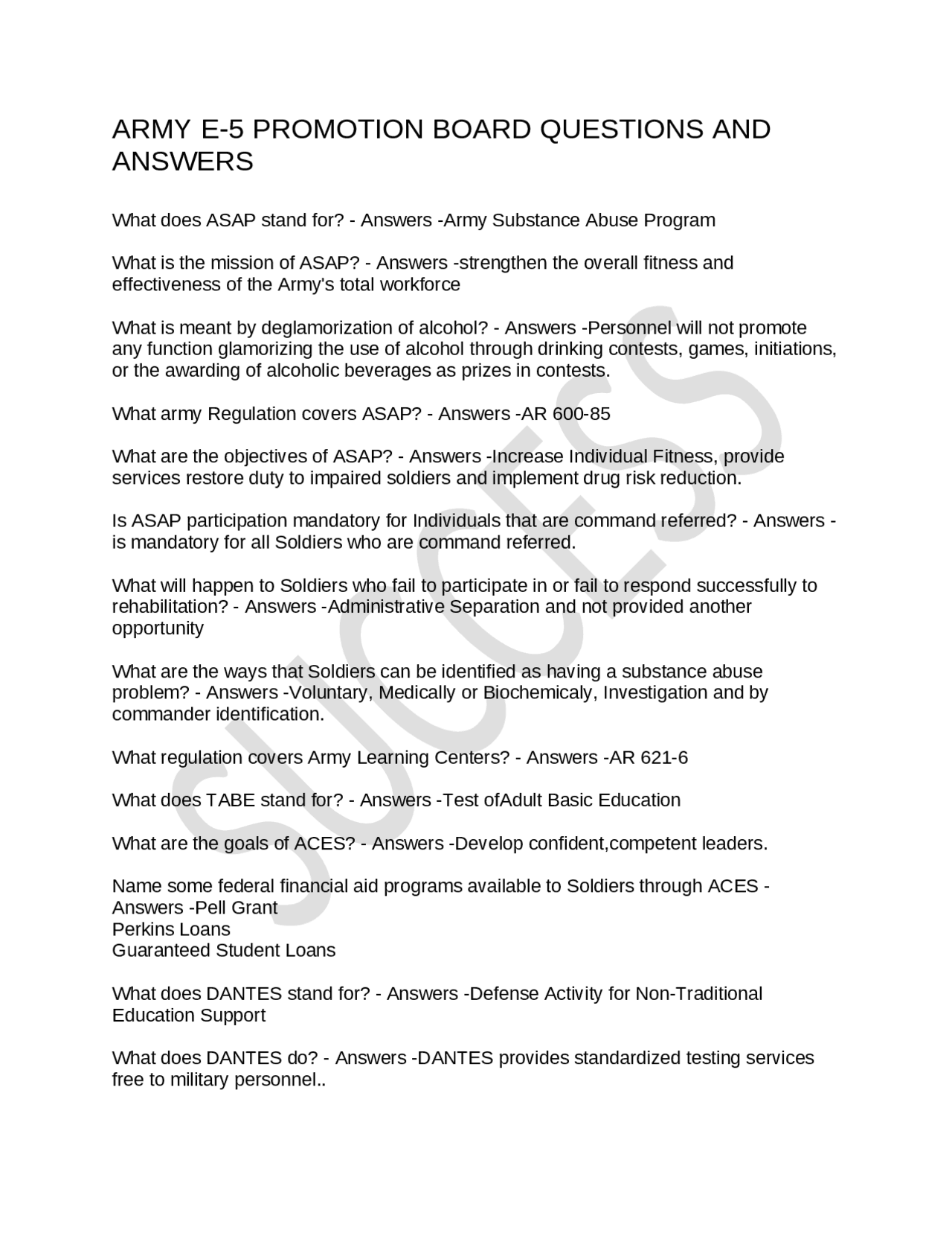 ARMY E-5 PROMOTION BOARD QUESTIONS AND ANSWERS | Exams Social Sciences | Docsity