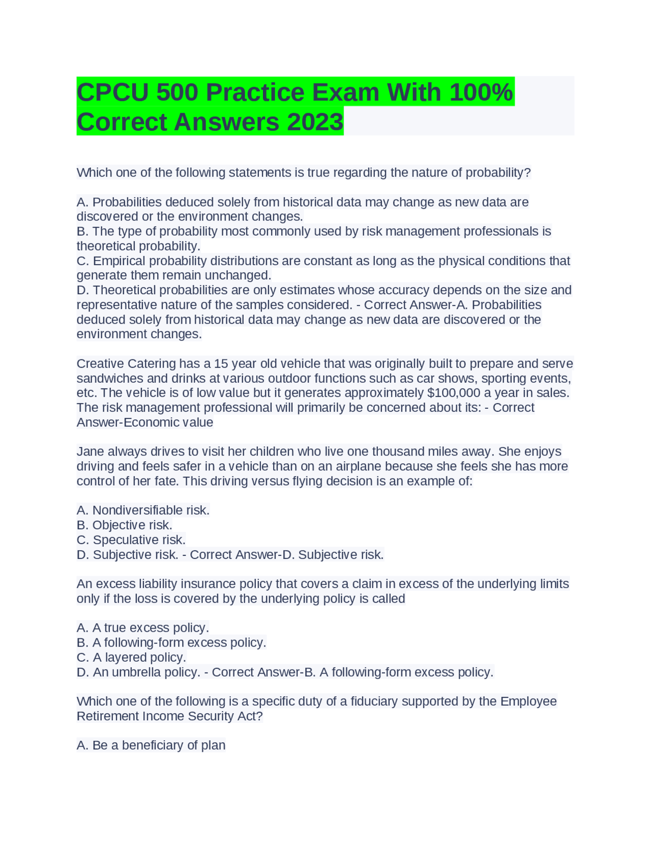 CPCU 500 Practice Exam With 100% Correct Answers 2023 | Exams Advanced ...