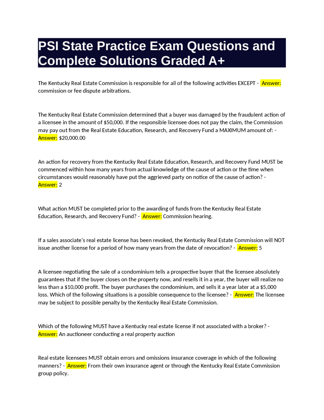 PSI State Practice Exam Questions and Complete Solutions Graded A+ ...