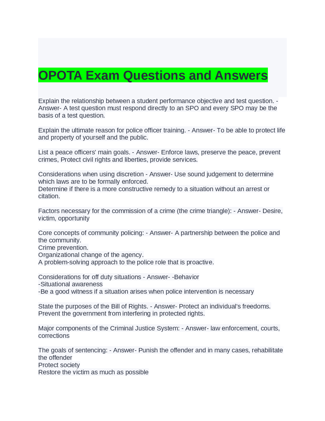 OPOTA Exam Questions and Answers | Exams Nursing | Docsity