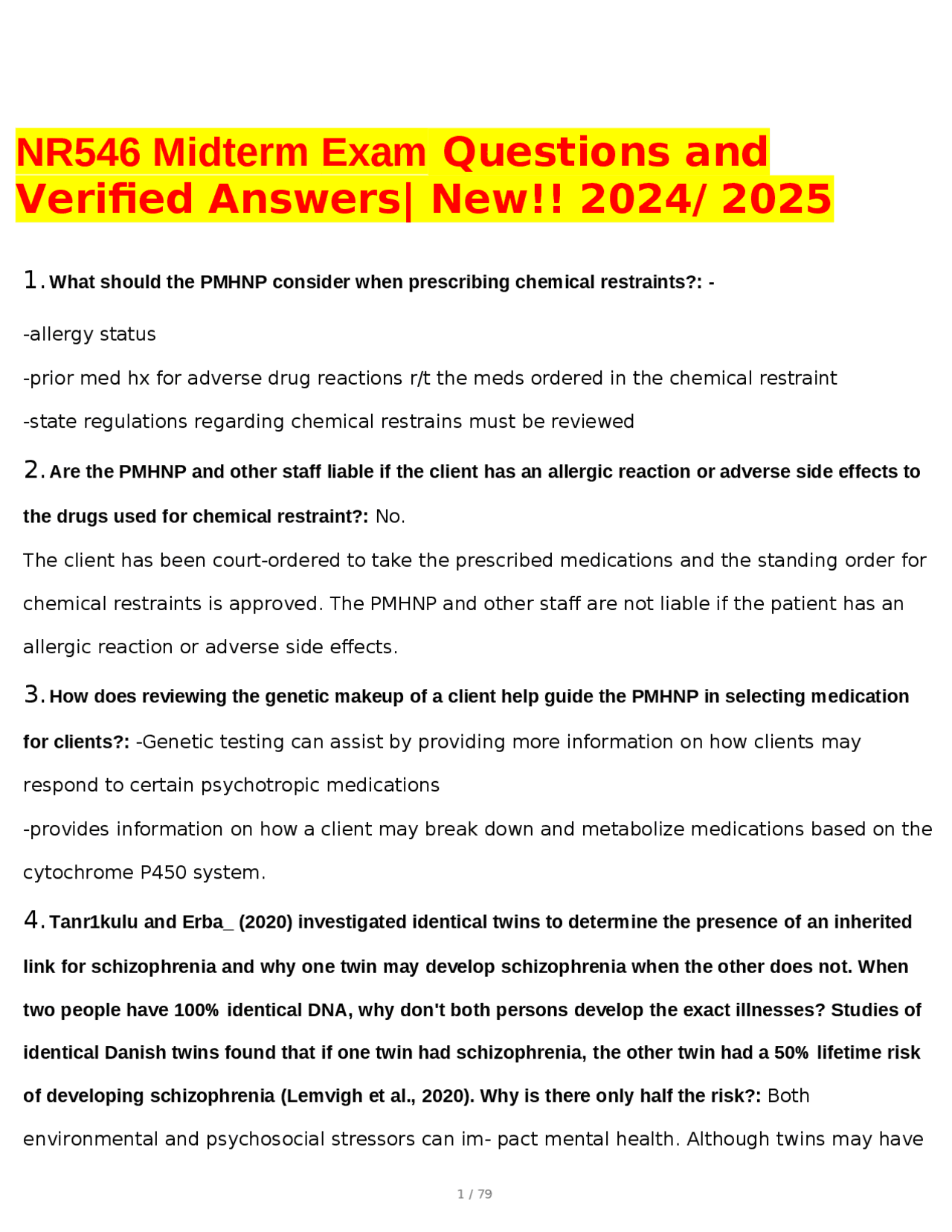NR546 Midterm Exam Questions and Verified Answers| New!! 2024/ 2025 | Exams Psychiatry | Docsity