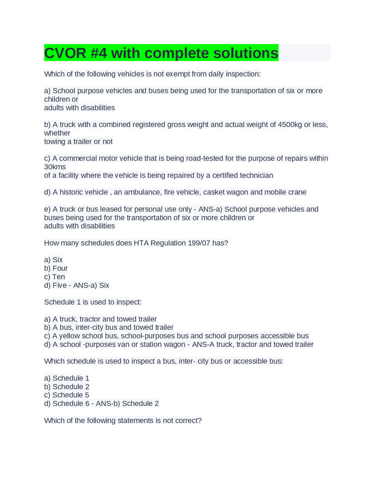 CVOR #4 with complete solutions | Exams Business Administration | Docsity