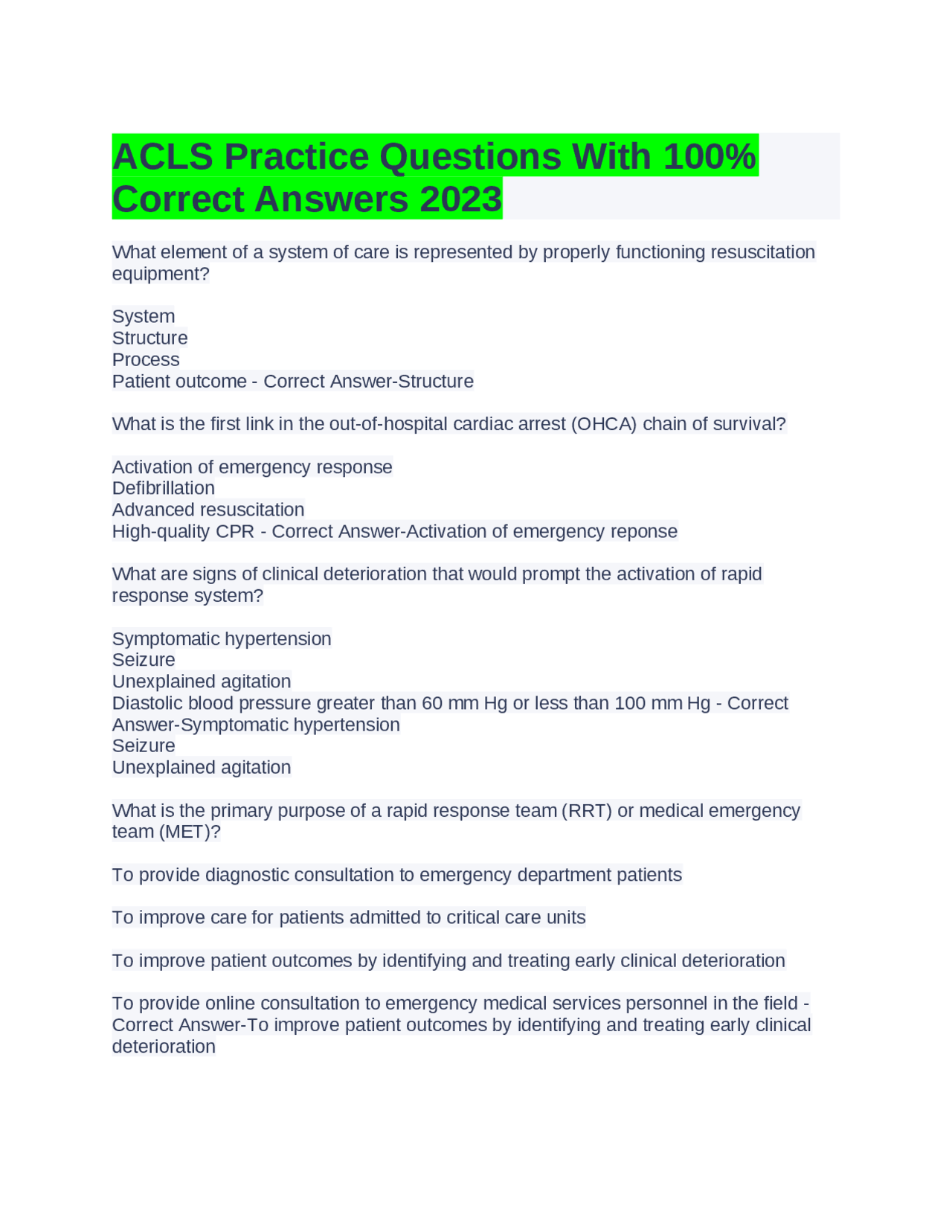 ACLS Practice Questions With 100% Correct Answers 2023 | Exams Advanced ...