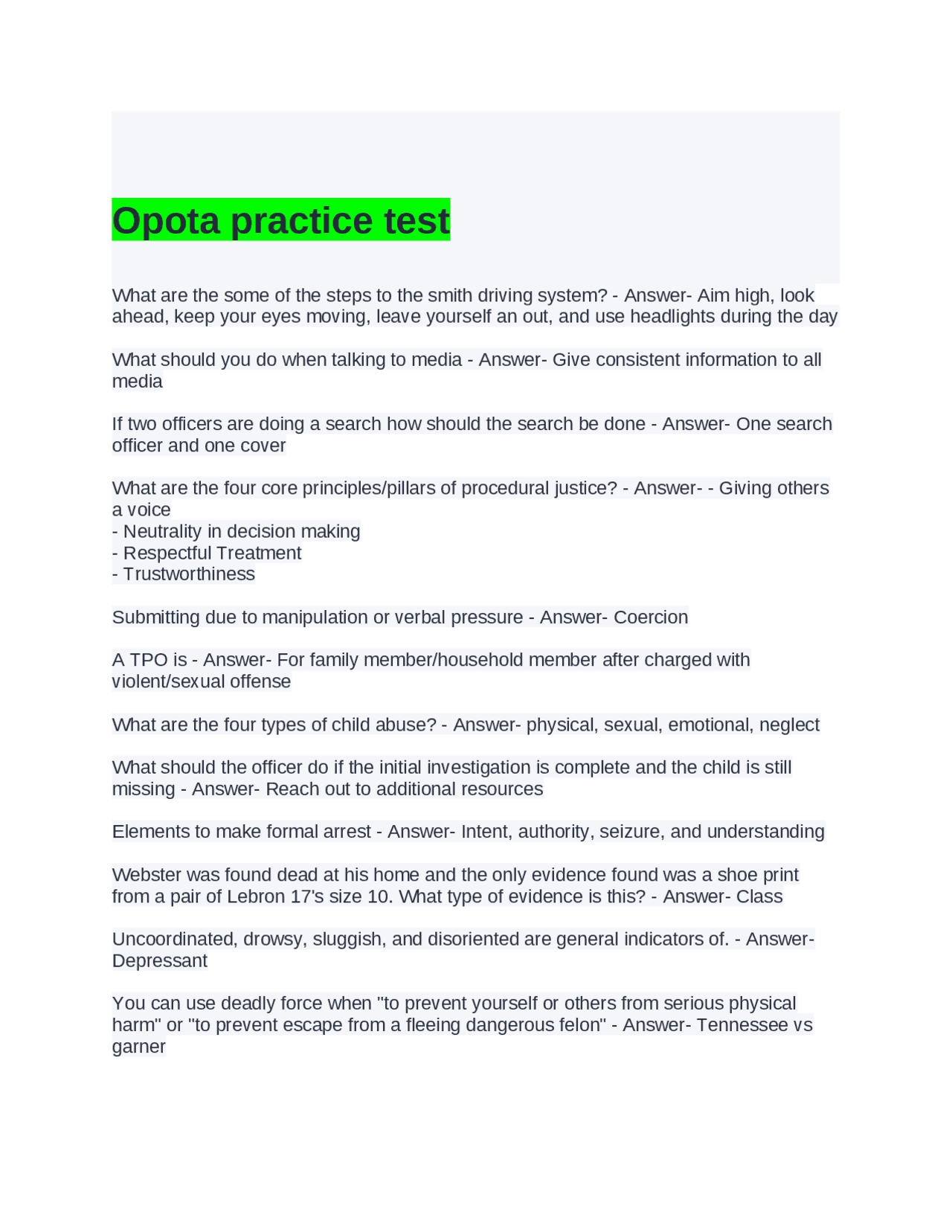 Opota practice test with correct answers | Exams Nursing | Docsity