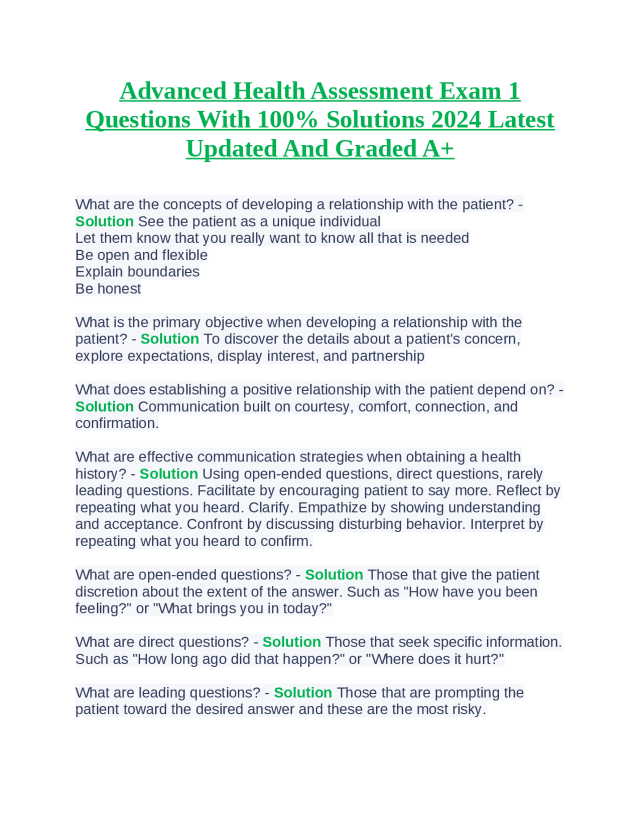 Advanced Health Assessment Exam 1 Questions With 100% Solutions 2024 ...