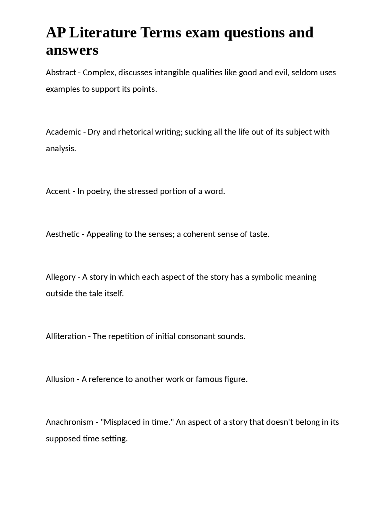 AP Literature Terms exam questions and answers | Exams Nursing | Docsity