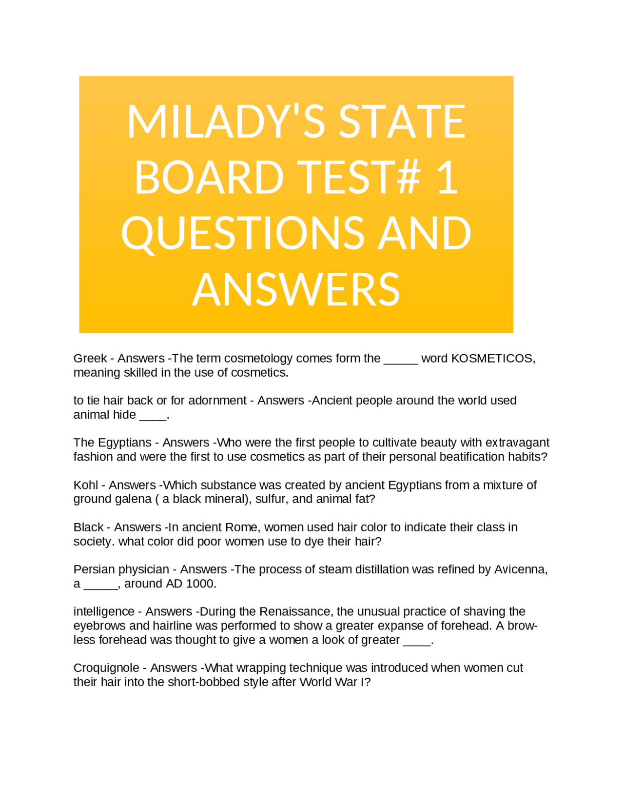 MILADY'S STATE BOARD TEST# 1 QUESTIONS AND ANSWERS | Exams Philosophy ...