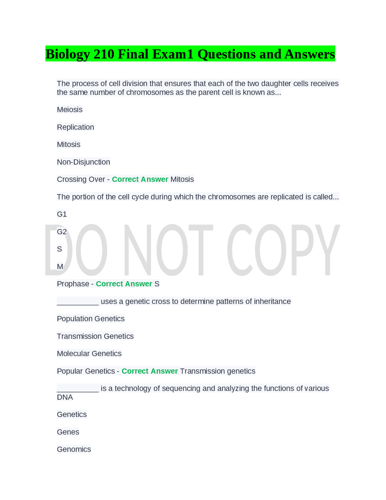 Biology 210 Final Exam1 Questions and Answers | Exams Biology | Docsity