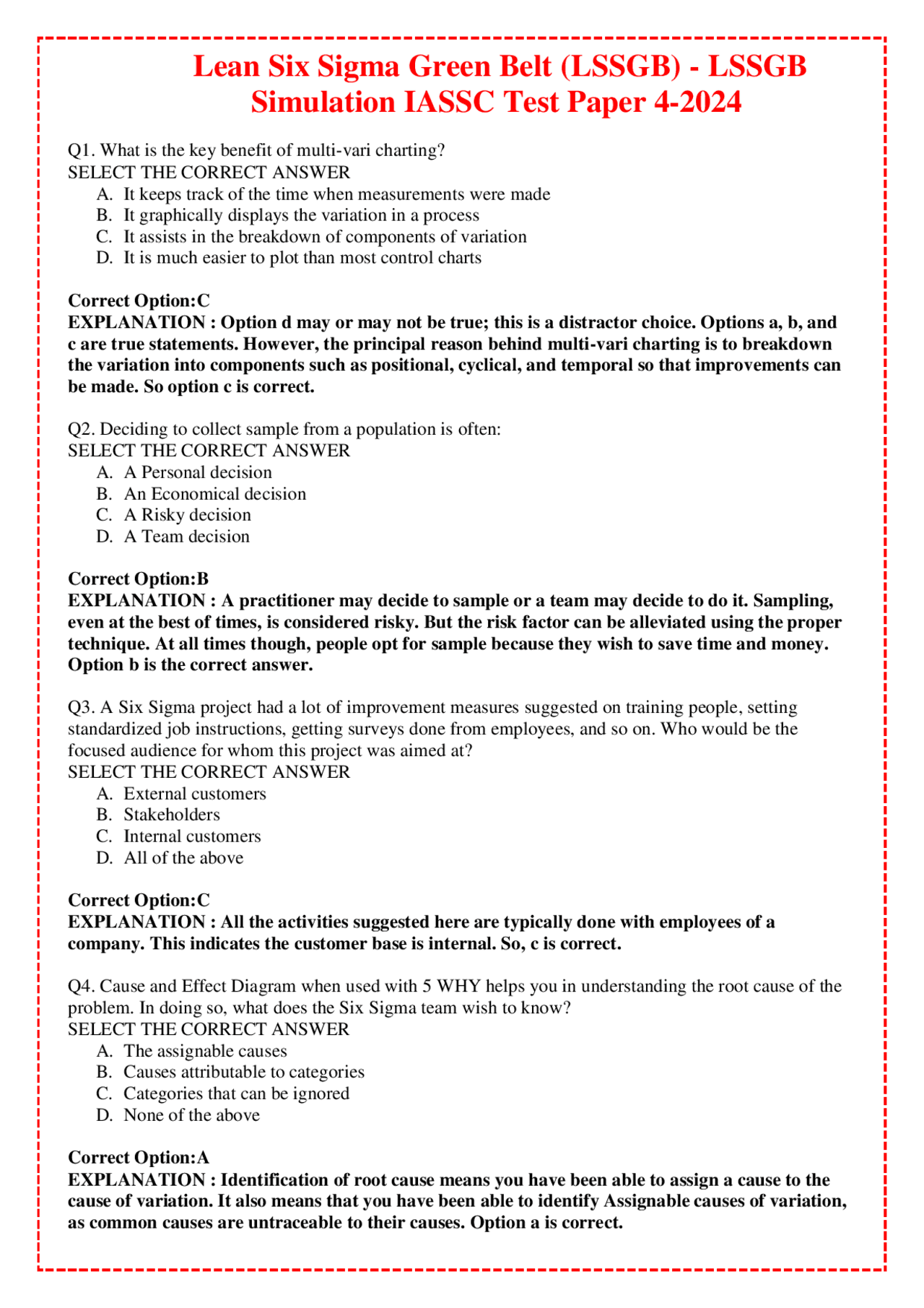 Lean Six Sigma Green Belt (LSSGB) - LSSGB Simulation IASSC Test Paper 4 ...