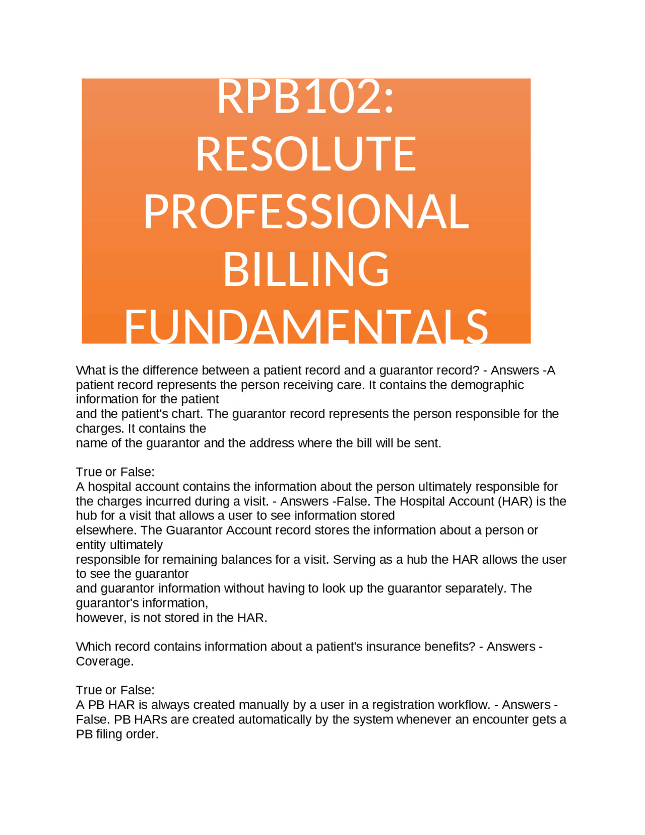 RPB102: RESOLUTE PROFESSIONAL BILLING FUNDAMENTALS | Exams Nursing ...