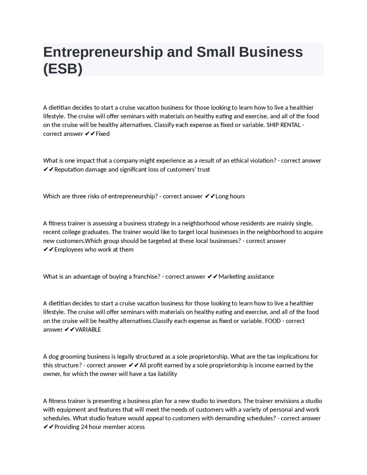 Entrepreneurship and Small Business (ESB)questions well answered ...