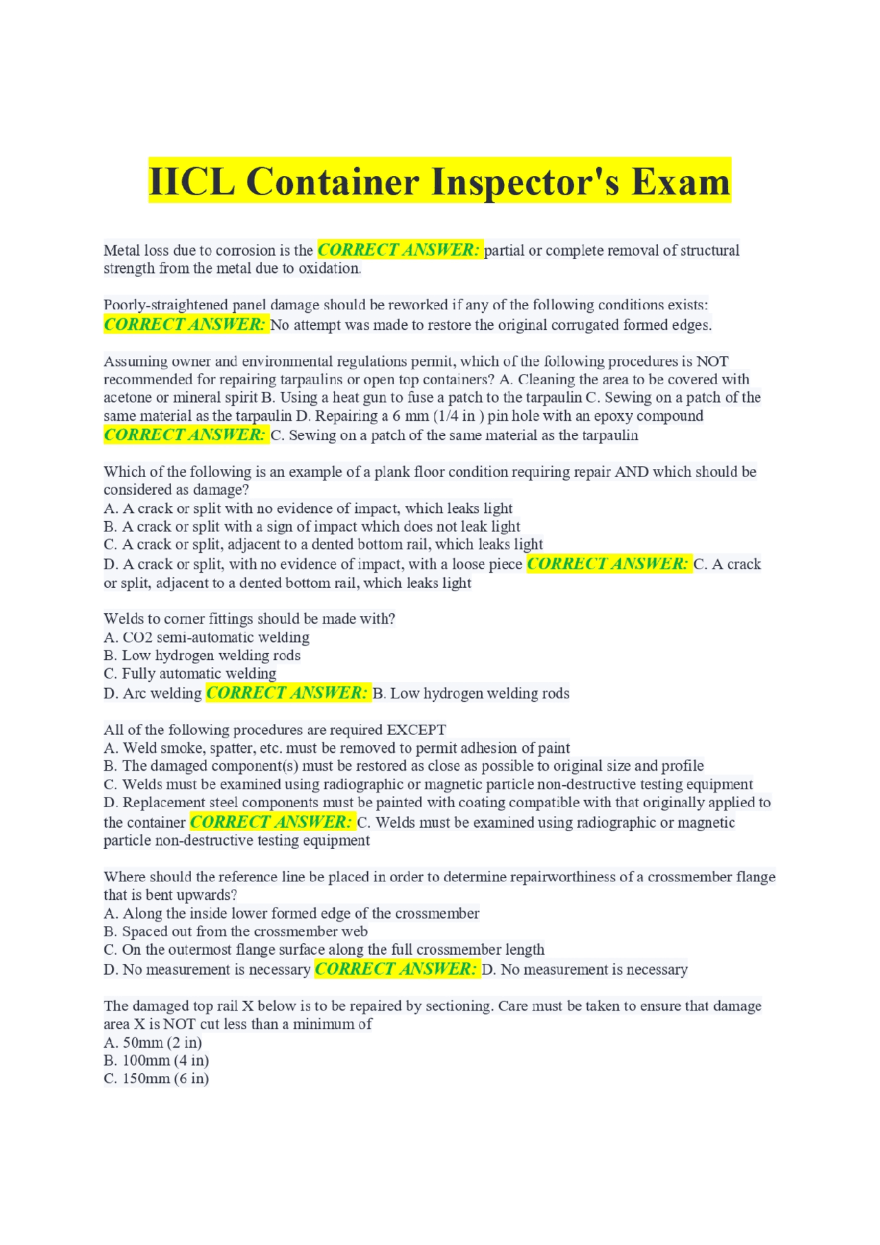 IICL Container Inspector's Exam | Exams Engineering | Docsity