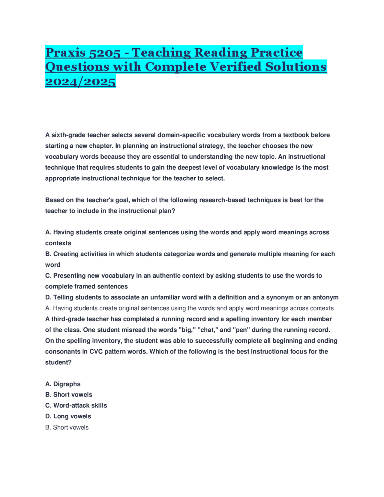 Praxis 5205 - Teaching Reading Practice Questions with Complete Verified Solutions 2024/20 ...