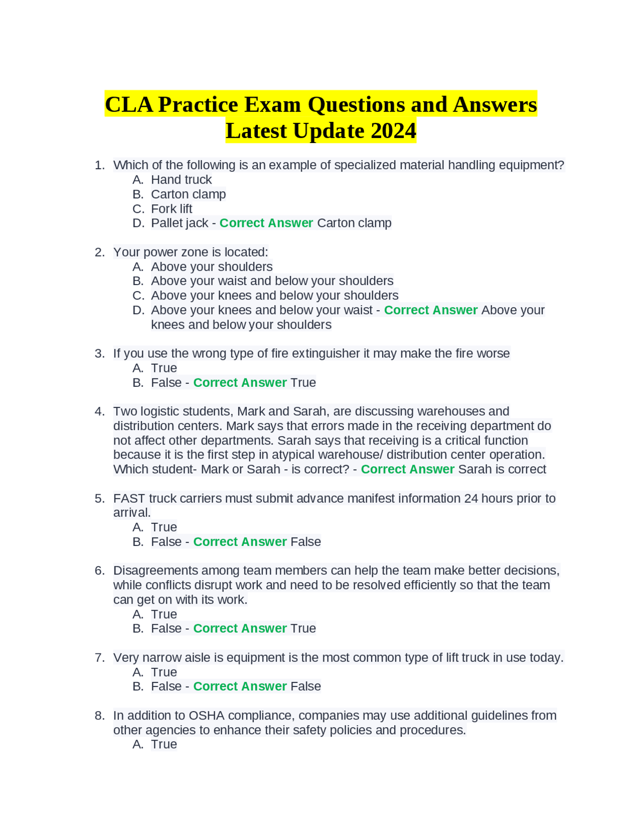CLA Practice Exam Questions and Answers Latest Update 2024 | Exams ...