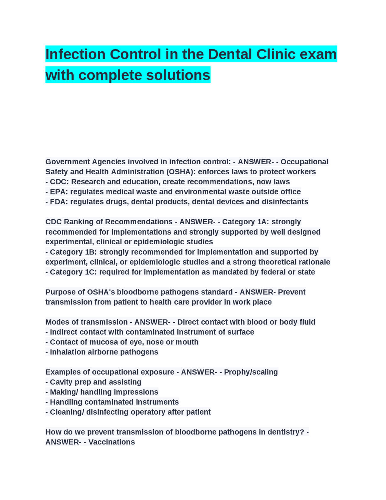 Infection Control in the Dental Clinic exam with complete solutions ...