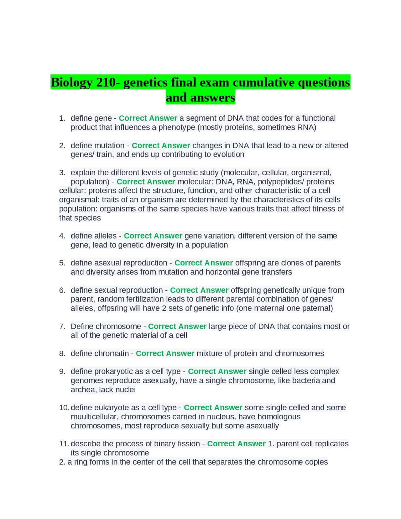 Biology 210- genetics final exam cumulative questions and answers ...