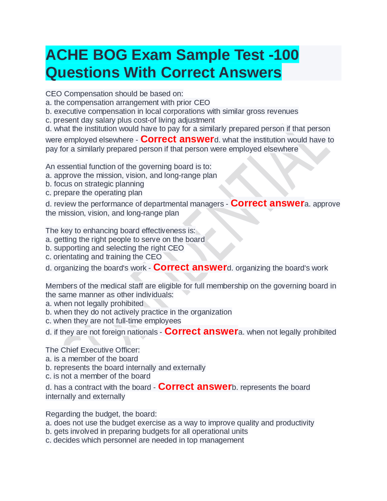 ACHE BOG Exam Sample Test -100 Questions With Correct Answers | Exams ...