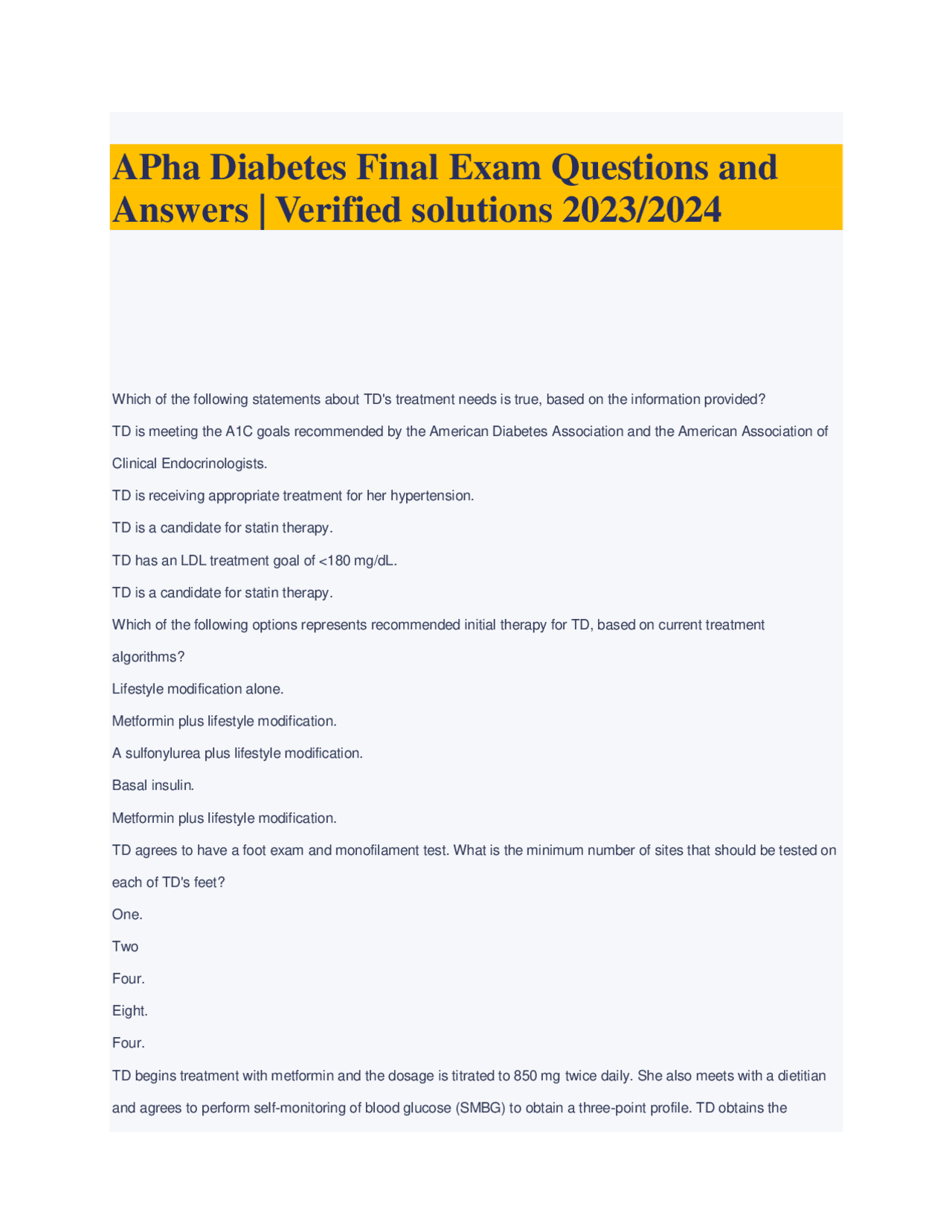 APha Diabetes Final Exam Questions and Answers | Verified solutions ...