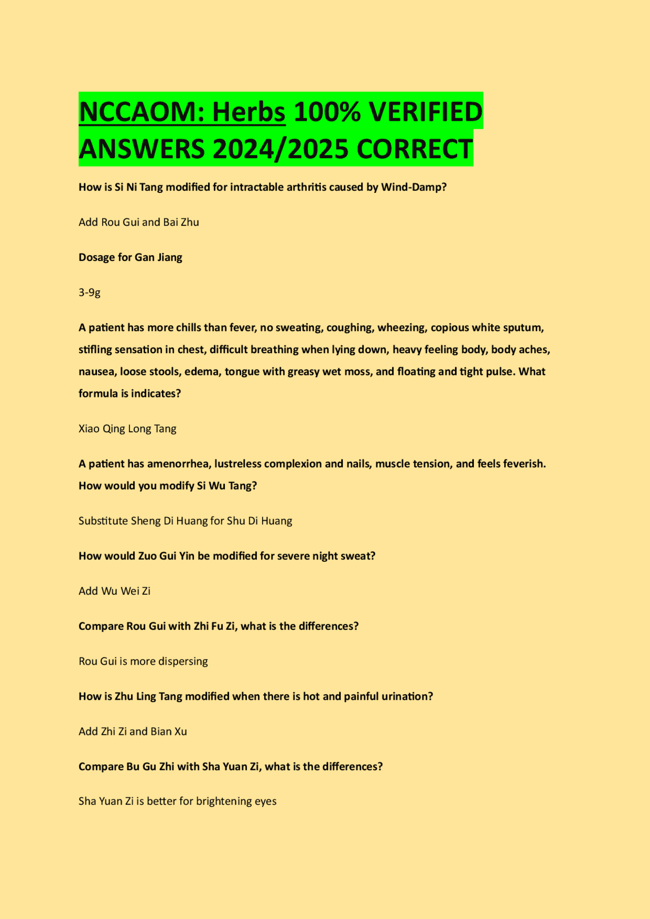 NCCAOM: Herbs 100% VERIFIED ANSWERS 2024/2025 CORRECT | Exams Nursing ...