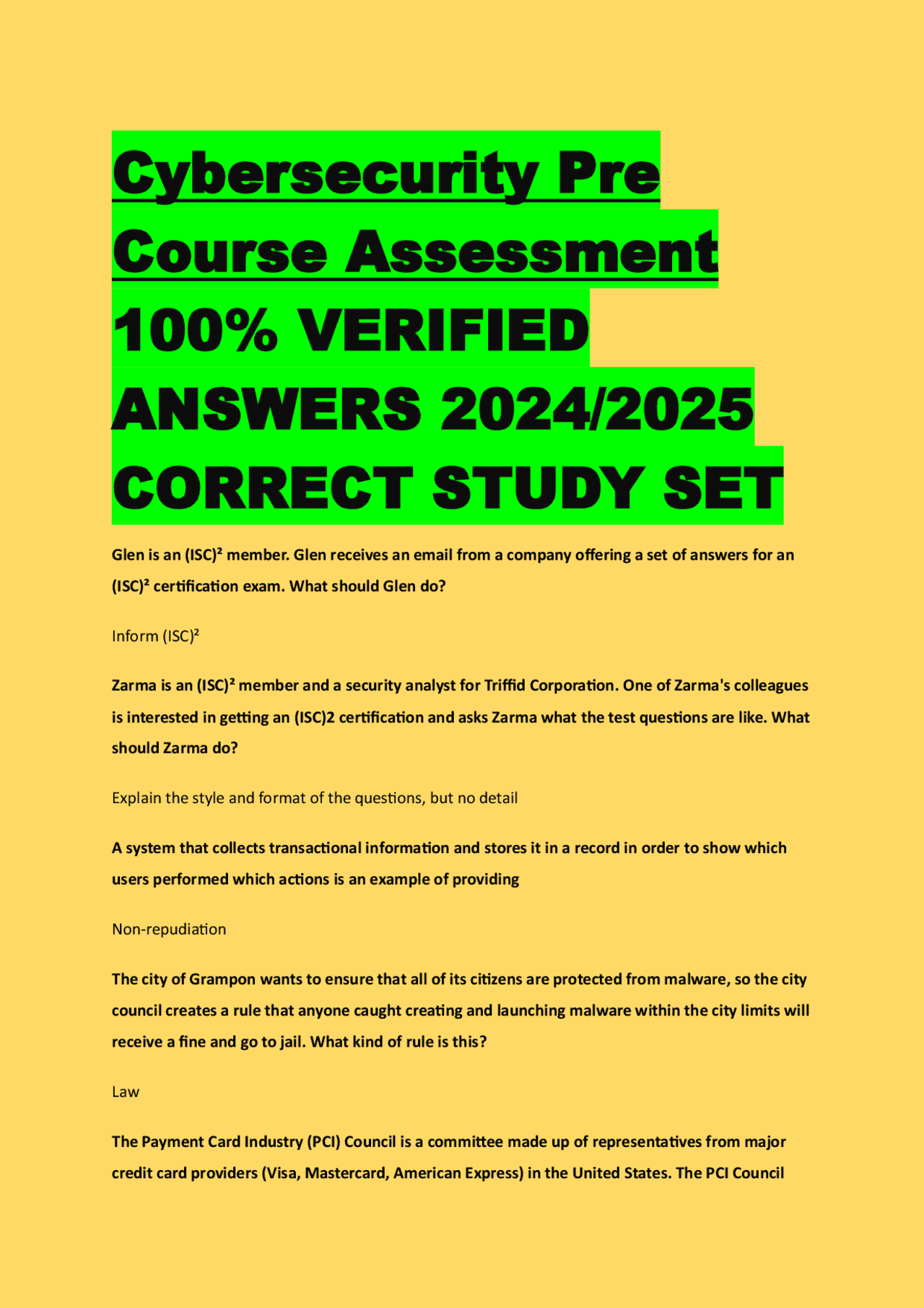 Cybersecurity Pre Course Assessment 100% VERIFIED ANSWERS 2024/2025 CORRECT STUDY SET | Exams ...