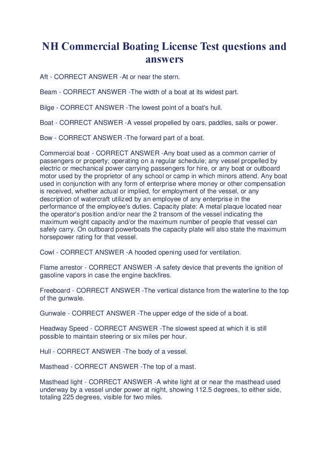 NH Commercial Boating License Test questions and answers | Exams ...