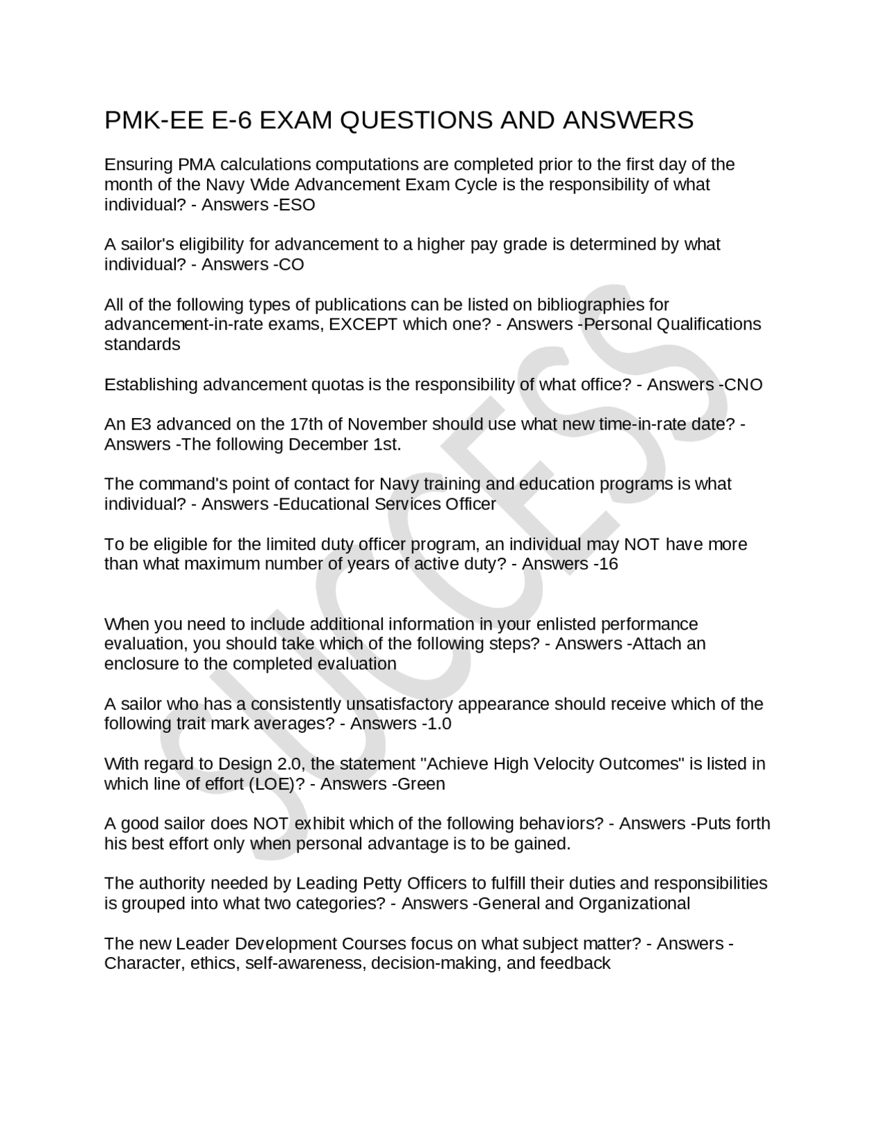 PMK-EE E-6 EXAM QUESTIONS AND ANSWERS | Exams Science education | Docsity