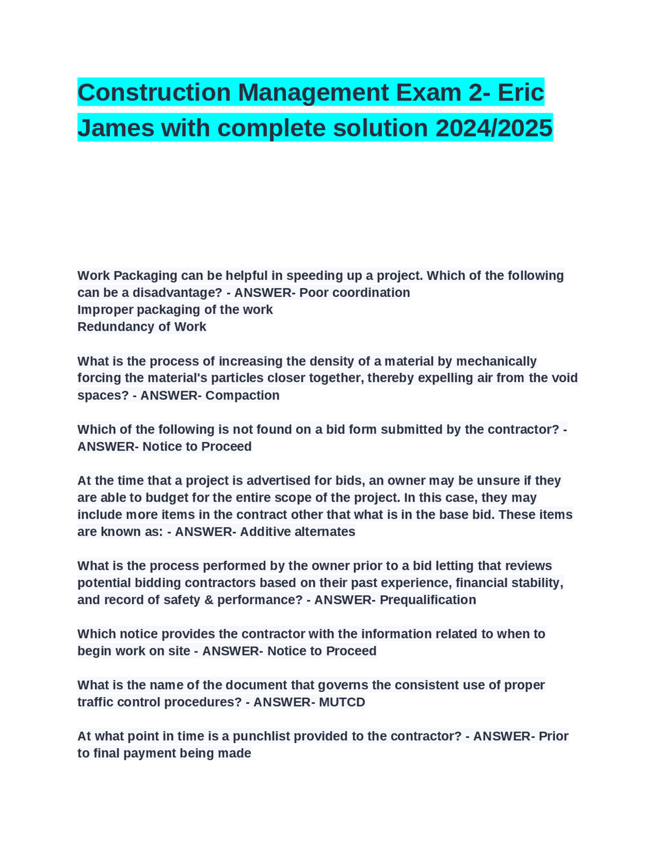 Construction Management Exam 2- Eric James with complete solution 2024 ...