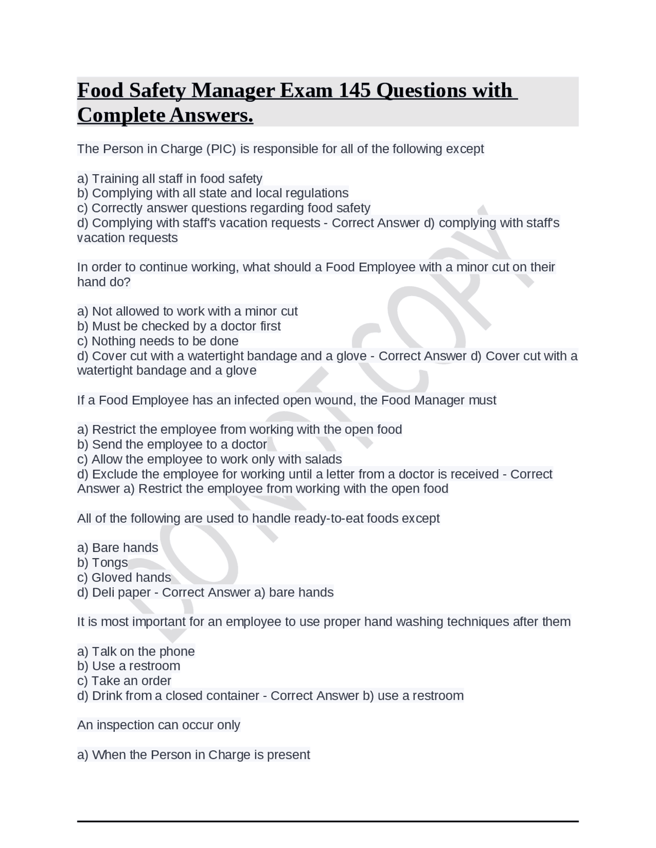 Food Safety Manager Exam 145 Questions with Complete Answers. | Exams ...