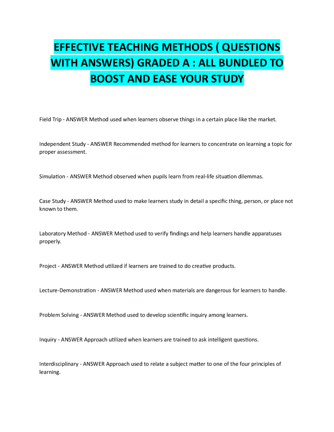 EFFECTIVE TEACHING METHODS ( QUESTIONS WITH ANSWERS) GRADED A : ALL ...