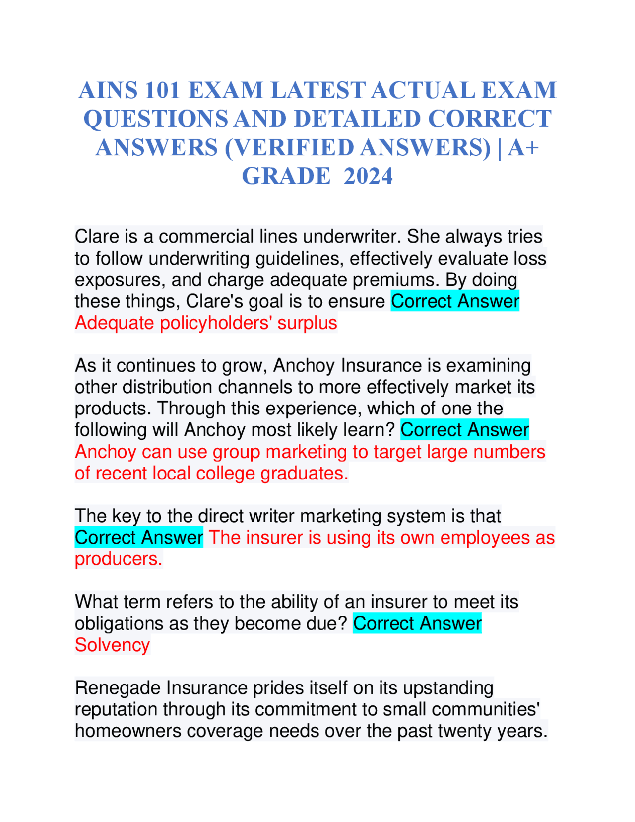 AINS 101 EXAM LATEST ACTUAL EXAM QUESTIONS AND DETAILED CORRECT ANSWERS ...