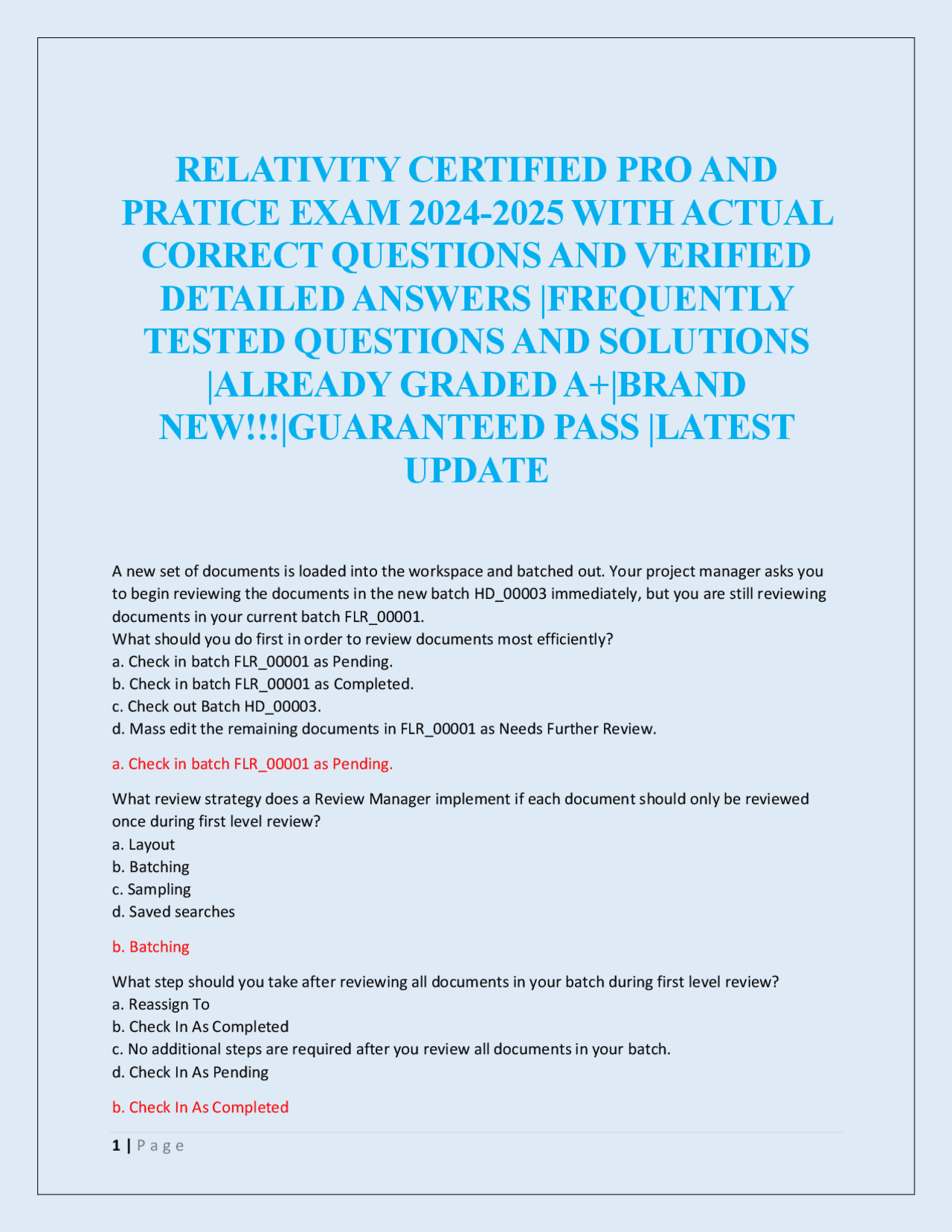 RELATIVITY CERTIFIED PRO AND PRATICE EXAM | Exams Nursing | Docsity
