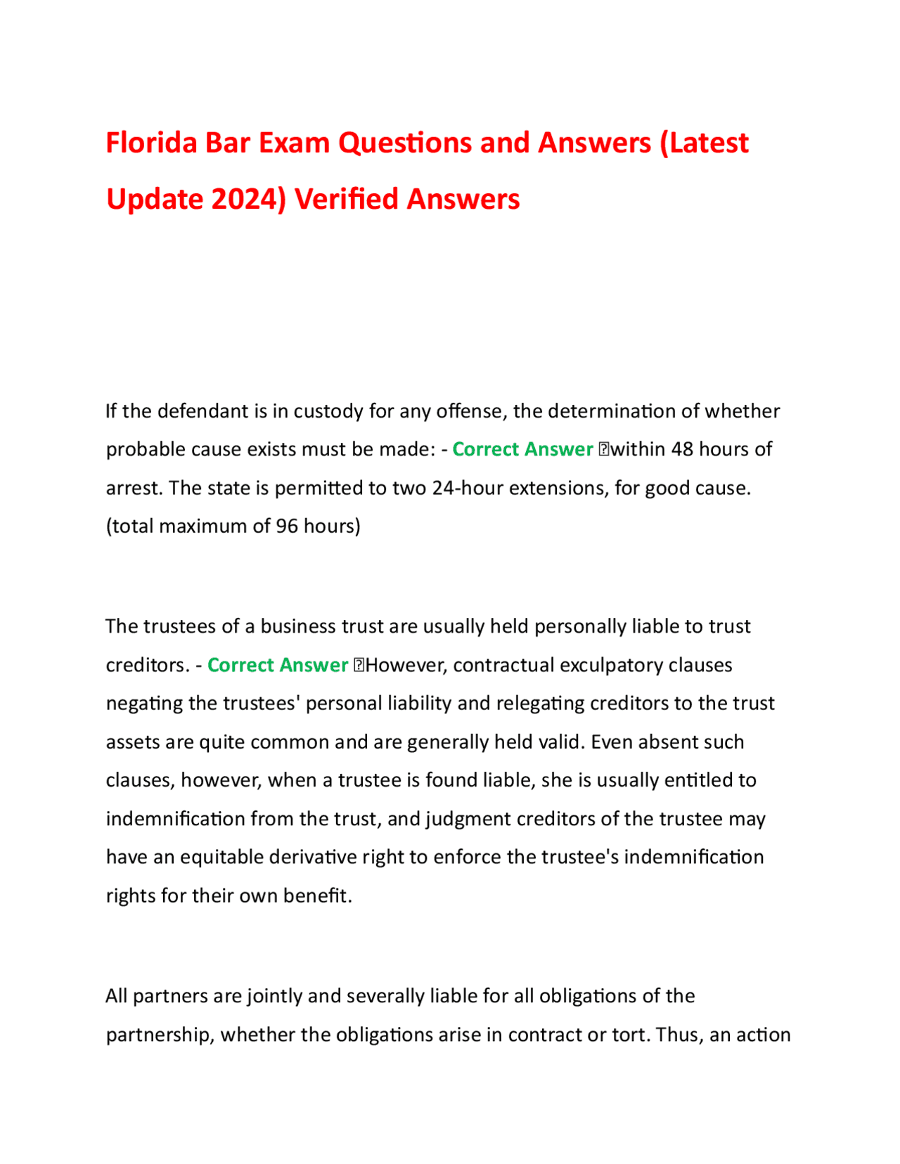 Florida Bar Exam Questions and Answers (Latest Update 2024) Verified ...