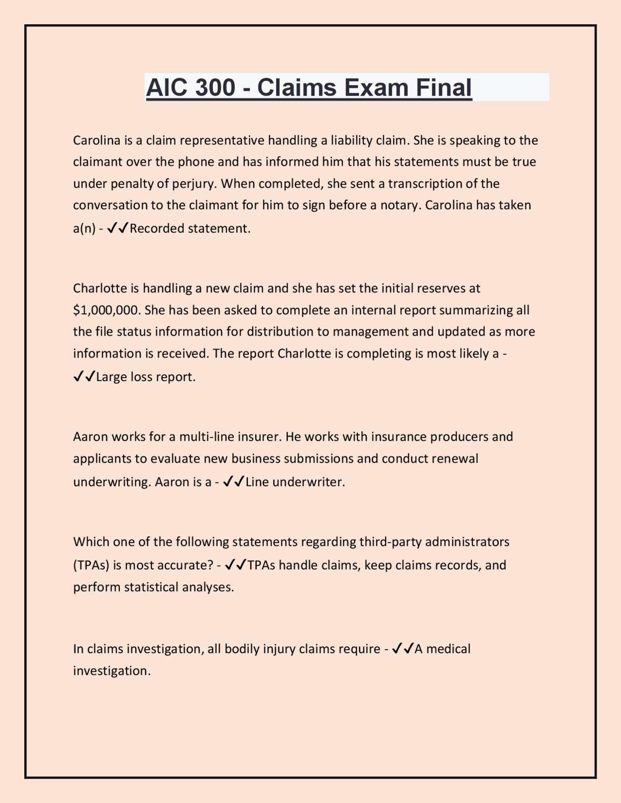 AIC 300 - Claims Study Guide Questions and Answers A+ | Exams Insurance ...