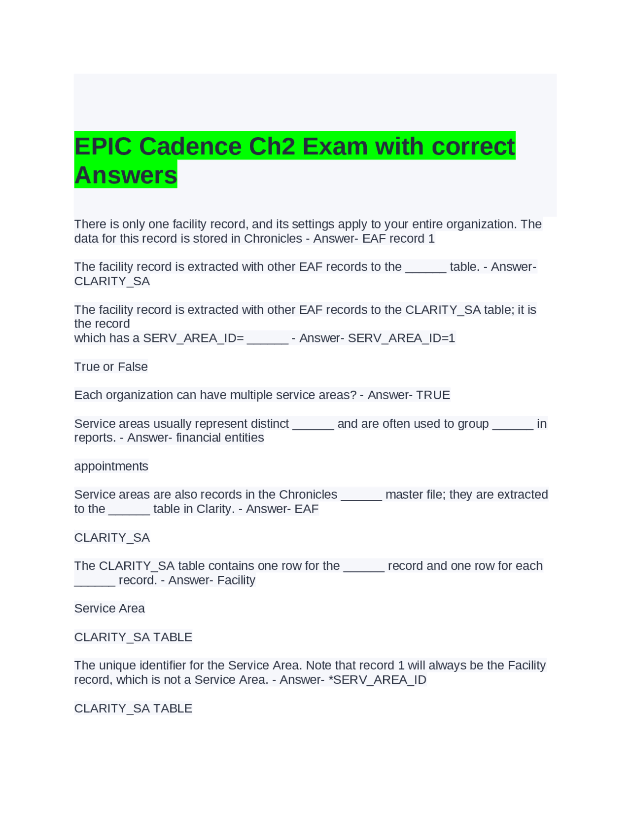 EPIC Cadence Ch2 Exam with correct Answers | Exams Nursing | Docsity