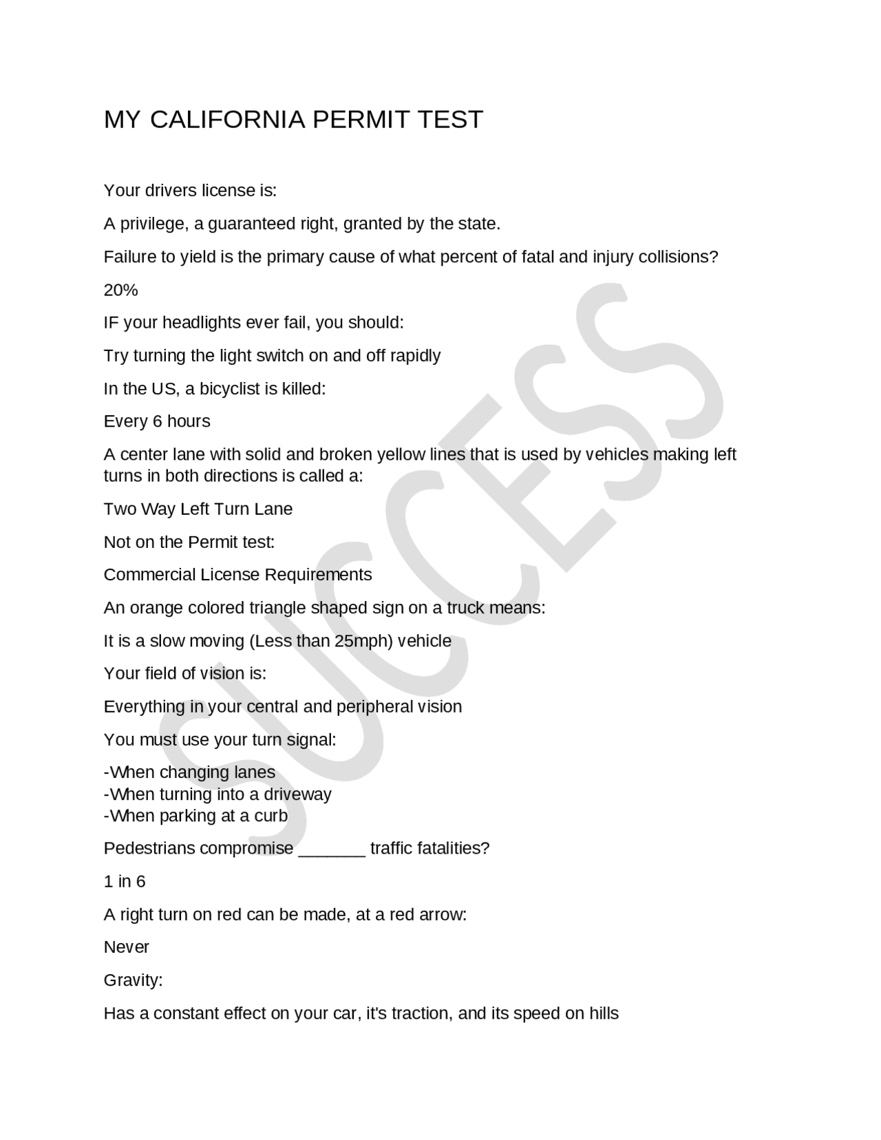 MY CALIFORNIA PERMIT TEST | Exams Social Sciences | Docsity