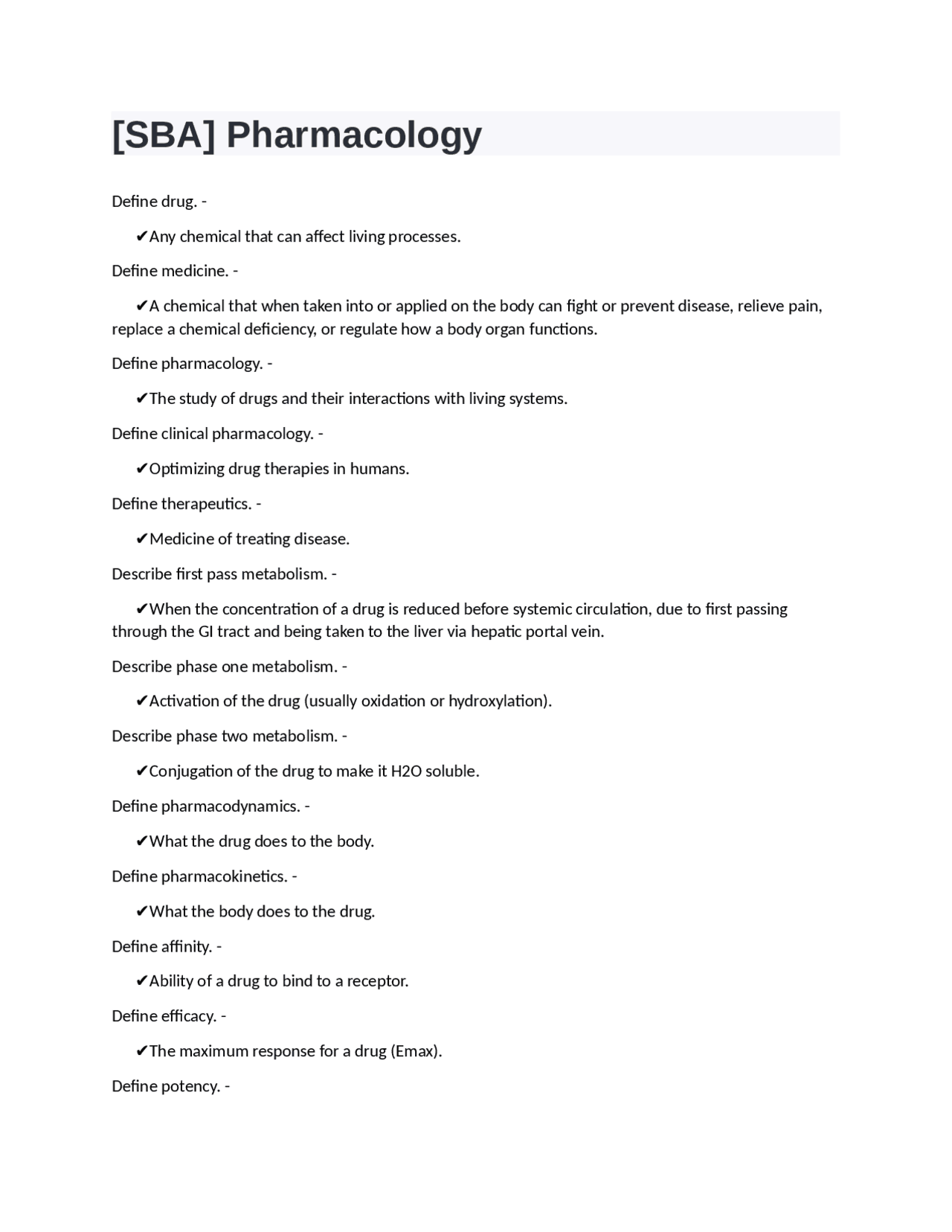 [SBA] Pharmacology Questions & Answers | Exams Pharmacology | Docsity