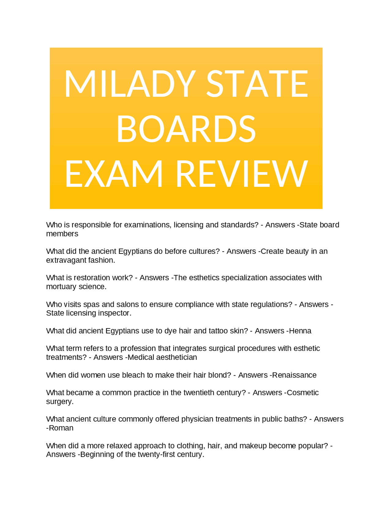 MILADY STATE BOARDS EXAM REVIEW | Exams Science education | Docsity