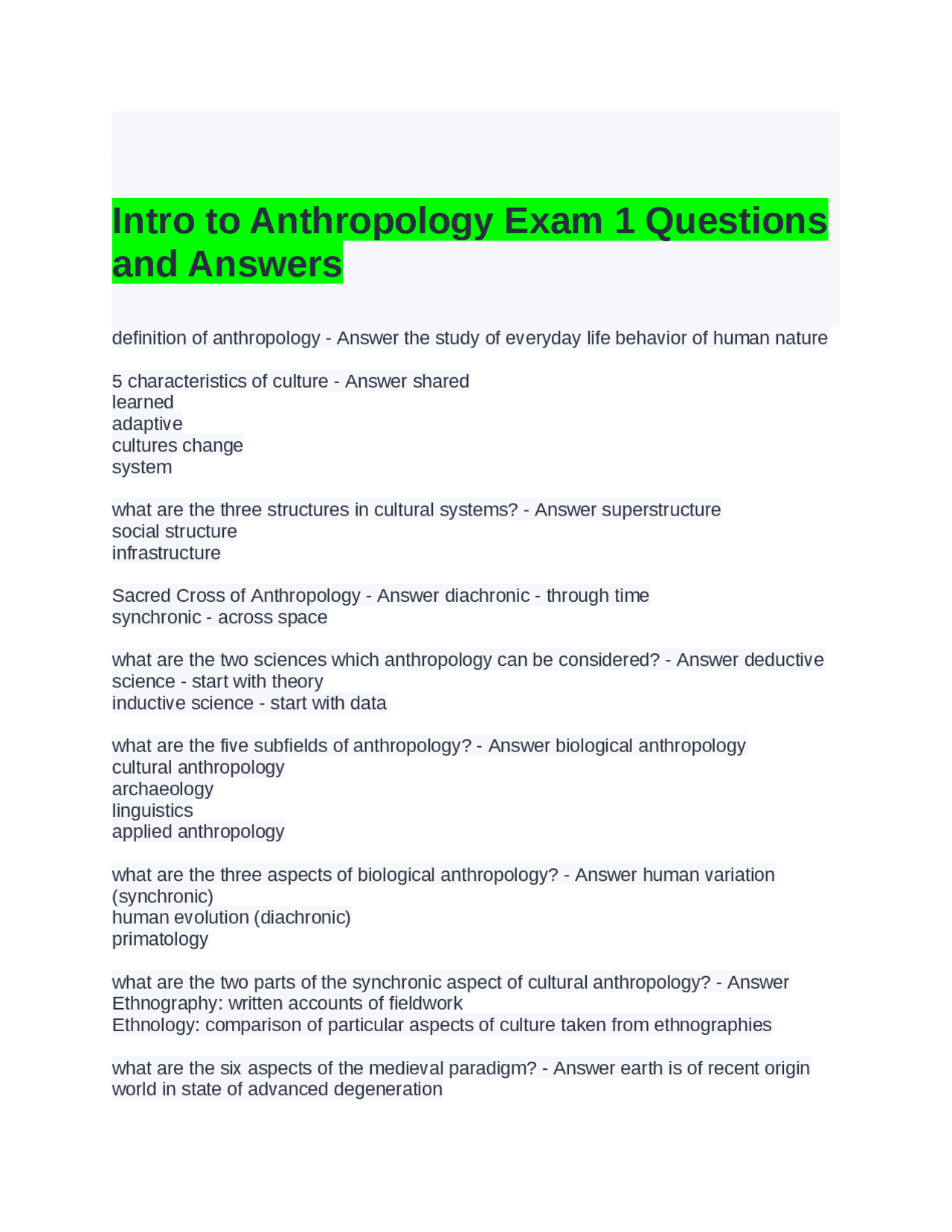 Intro to Anthropology Exam 1 Questions and Answers | Exams Nursing ...