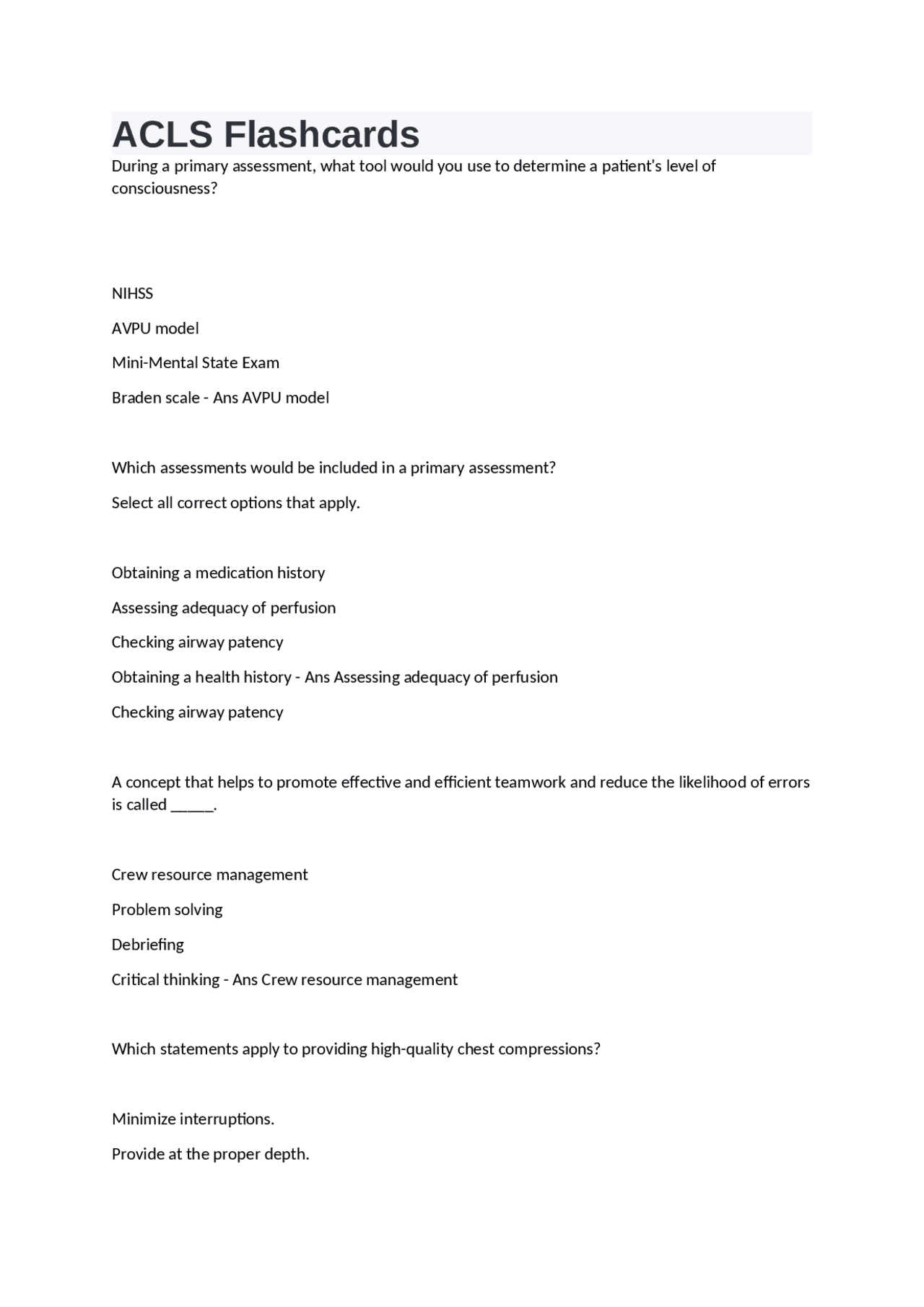 ACLS Flashcards TEST, Questions and Answers | Exams Medicine | Docsity