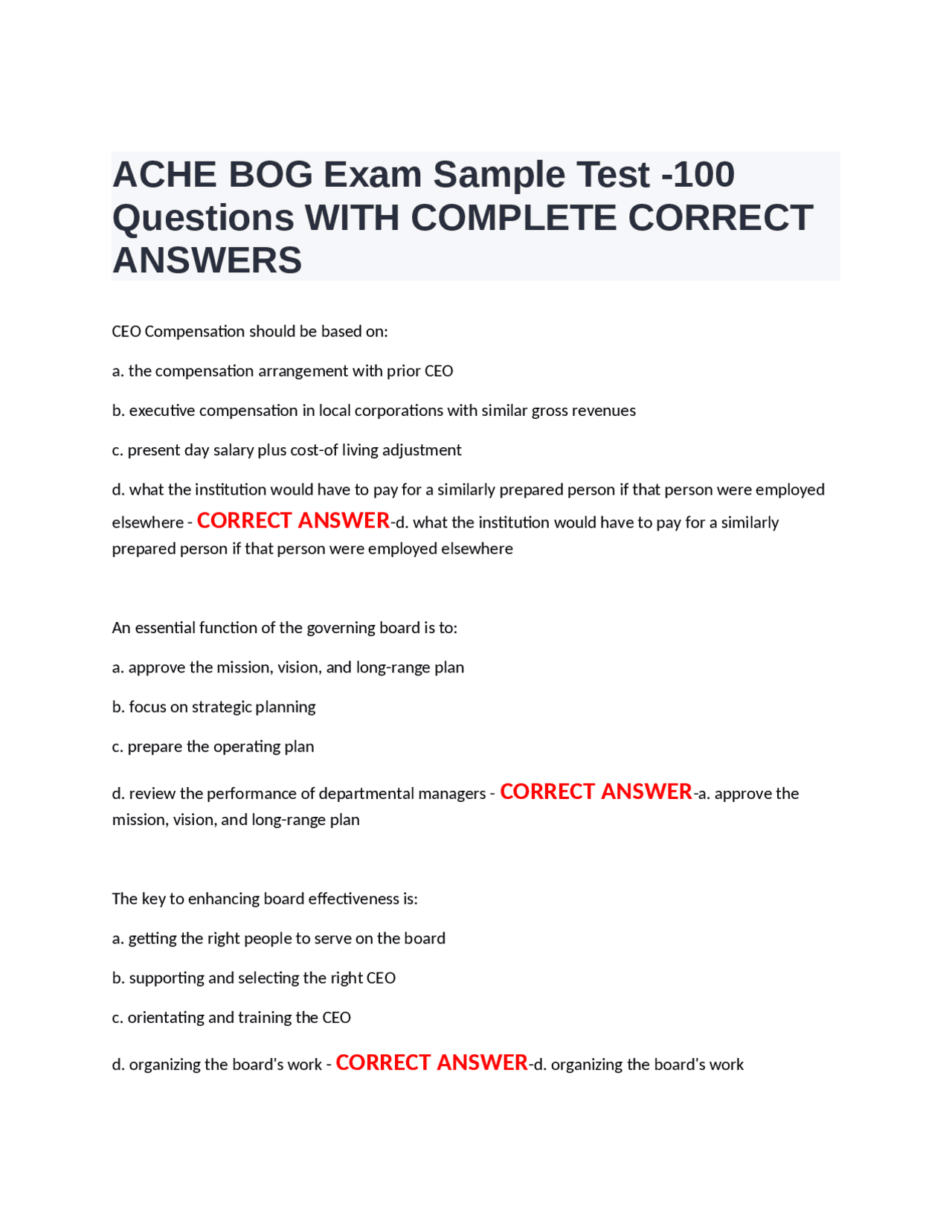 ACHE BOG Exam Sample Test -100 Questions WITH COMPLETE CORRECT ANSWERS ...