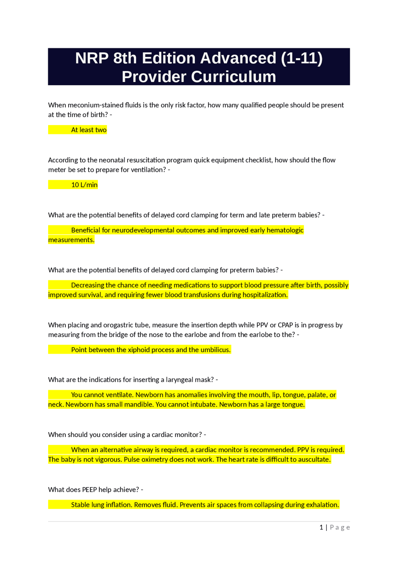 NRP 8th Edition Advanced (1-11) Provider Curriculum. | Exams Nursing ...