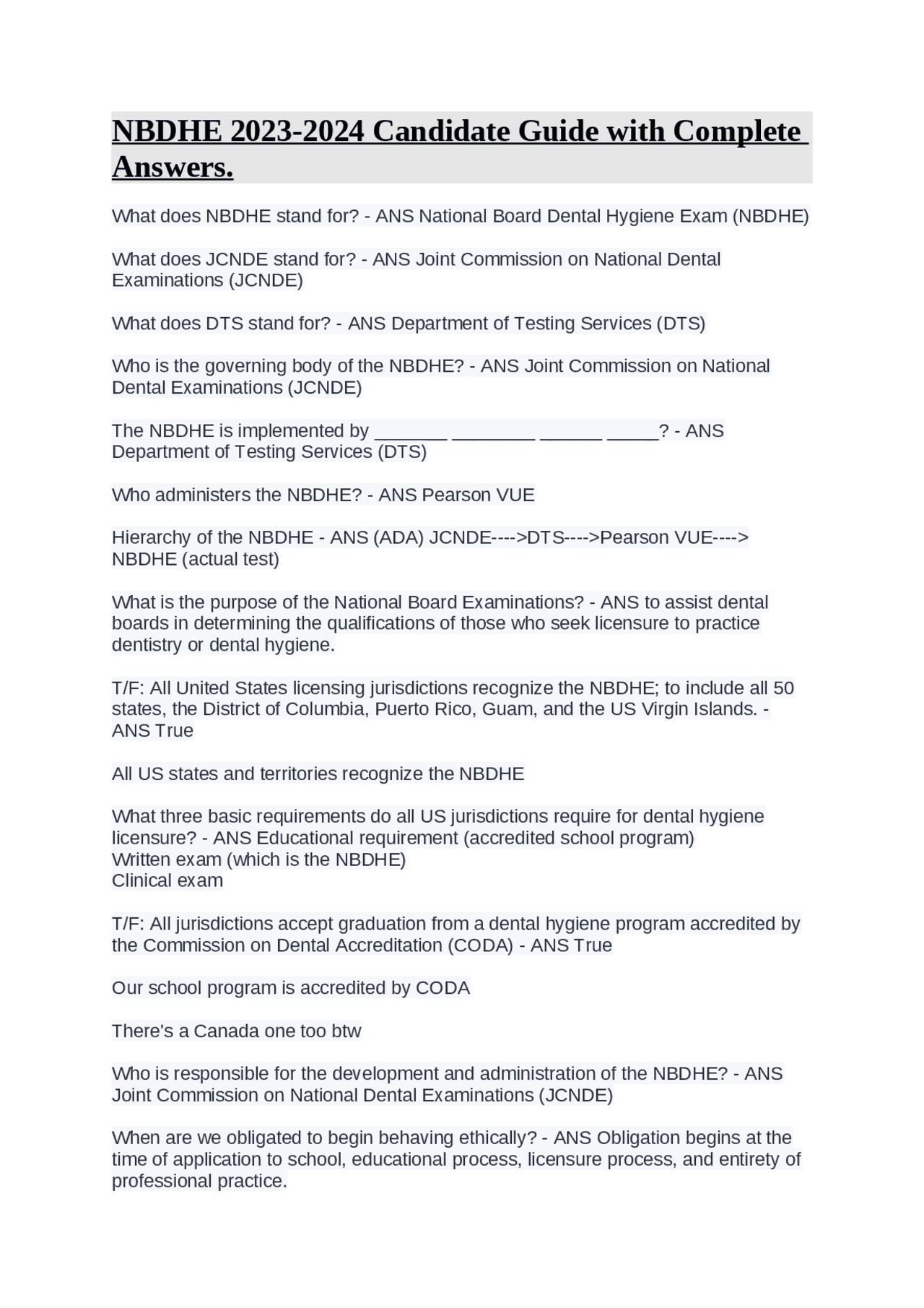 NBDHE 2023-2024 Candidate Guide with Complete Answers. | Exams ...