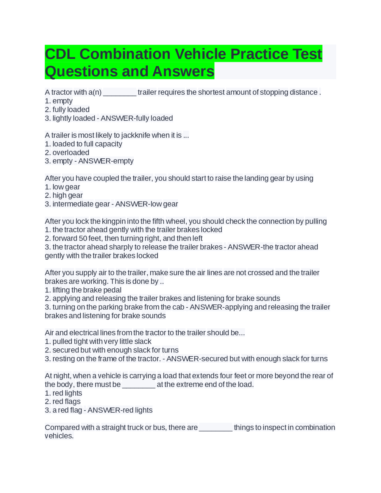 CDL Combination Vehicle Practice Test Questions | Exams Advanced ...