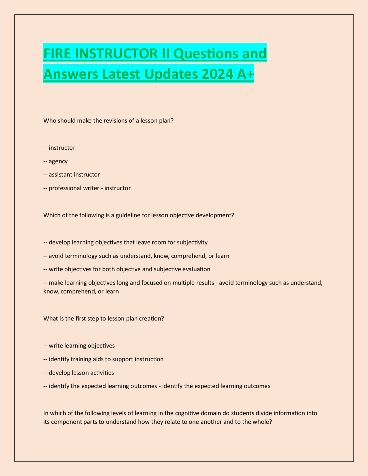 FIRE INSTRUCTOR II Questions and Answers Latest Updates 2024 A+ | Exams ...