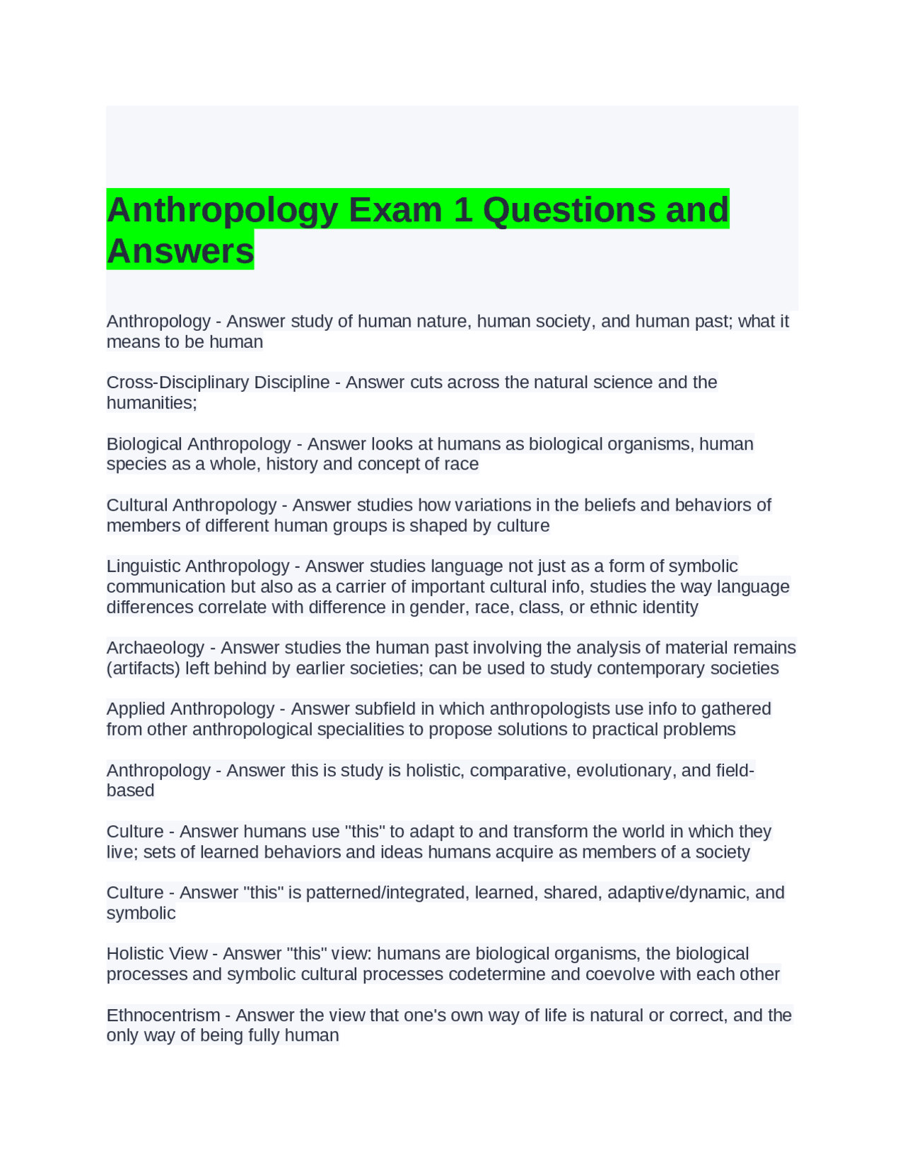 Anthropology Exam 1 Questions and Answers | Exams Nursing | Docsity