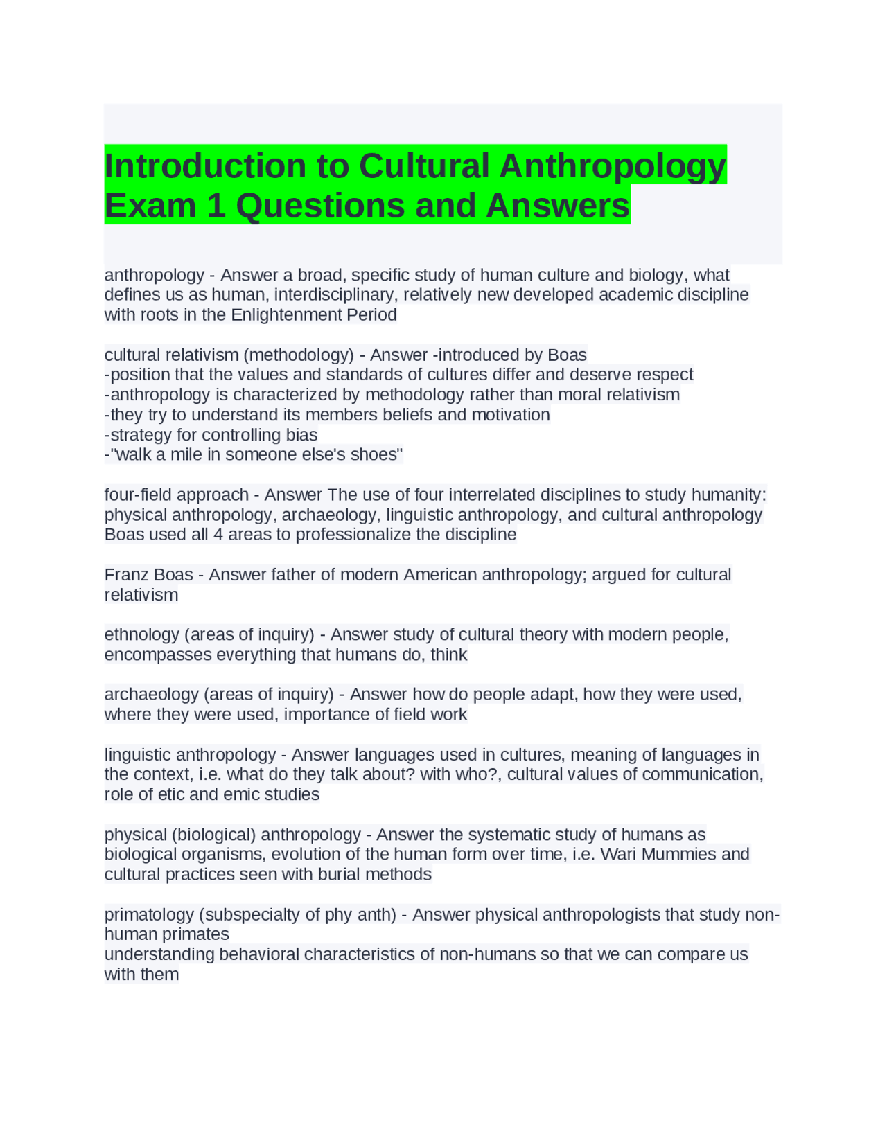 Introduction to Cultural Anthropology Exam 1 Questions and Answers ...