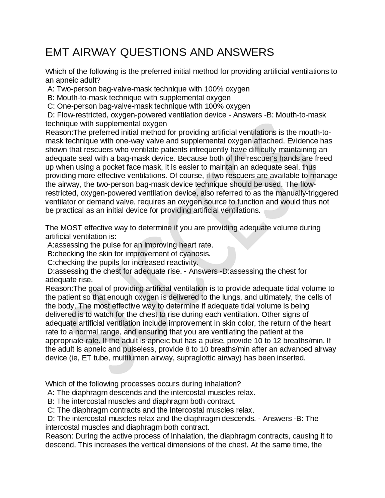 EMT AIRWAY QUESTIONS AND ANSWERS | Exams Nursing | Docsity